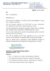 Relieving order of Rev. Y. Sukumaran, Malayinkizh Pastorate, Trivandrum ...