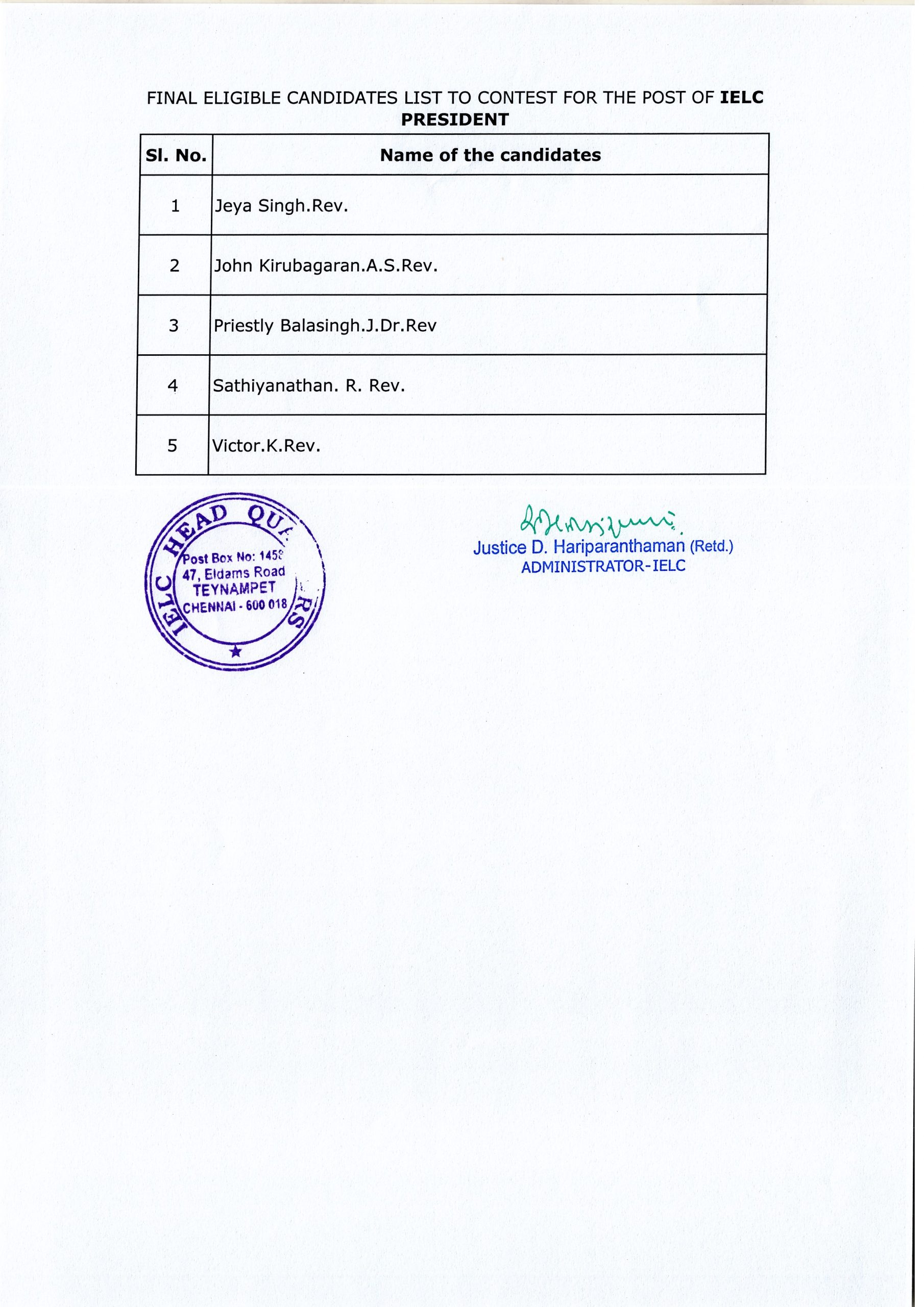 Final list of candidates for IELC Office Bearers – IELC Online