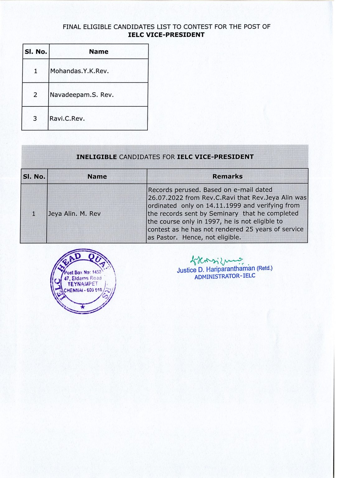 Final list of candidates for IELC Office Bearers – IELC Online