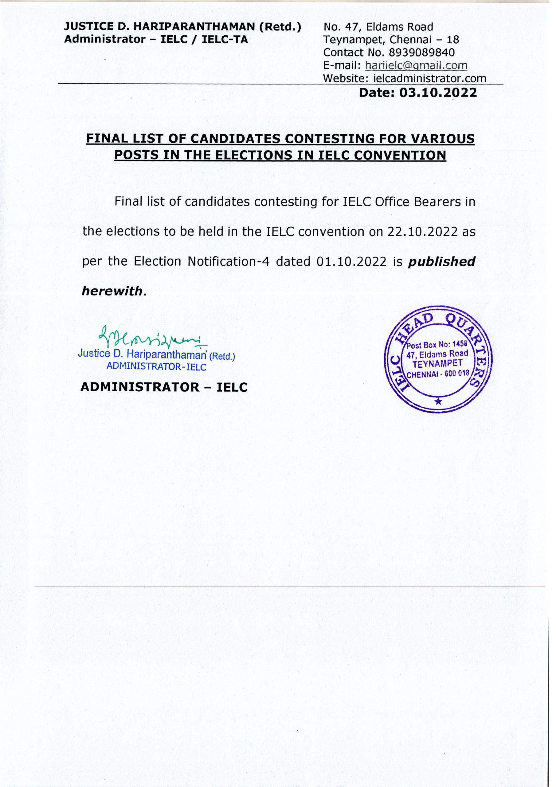 FINAL LIST OF CANDIDATES FOR IELC OFFICE BEARERS – IELC Online