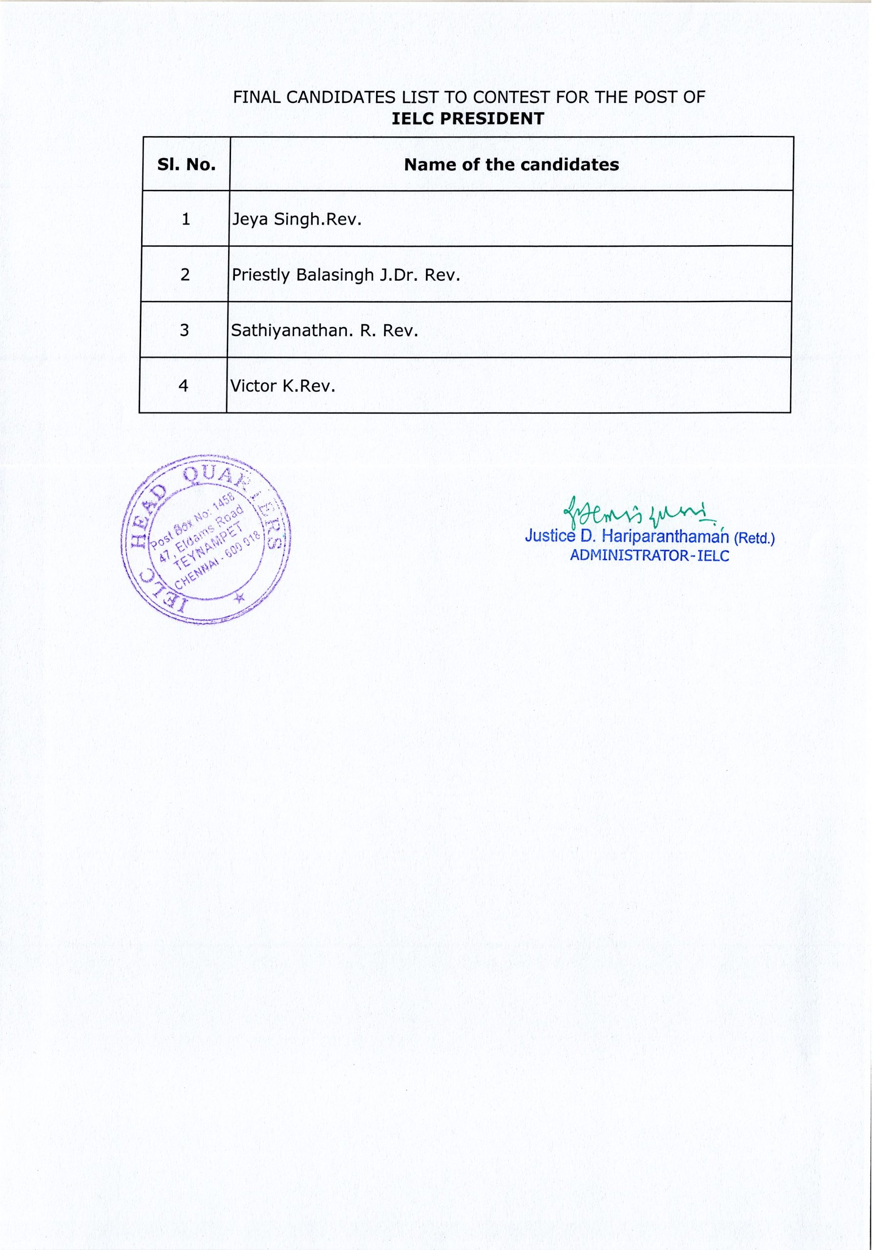 FINAL LIST OF CANDIDATES FOR IELC OFFICE BEARERS – IELC Online