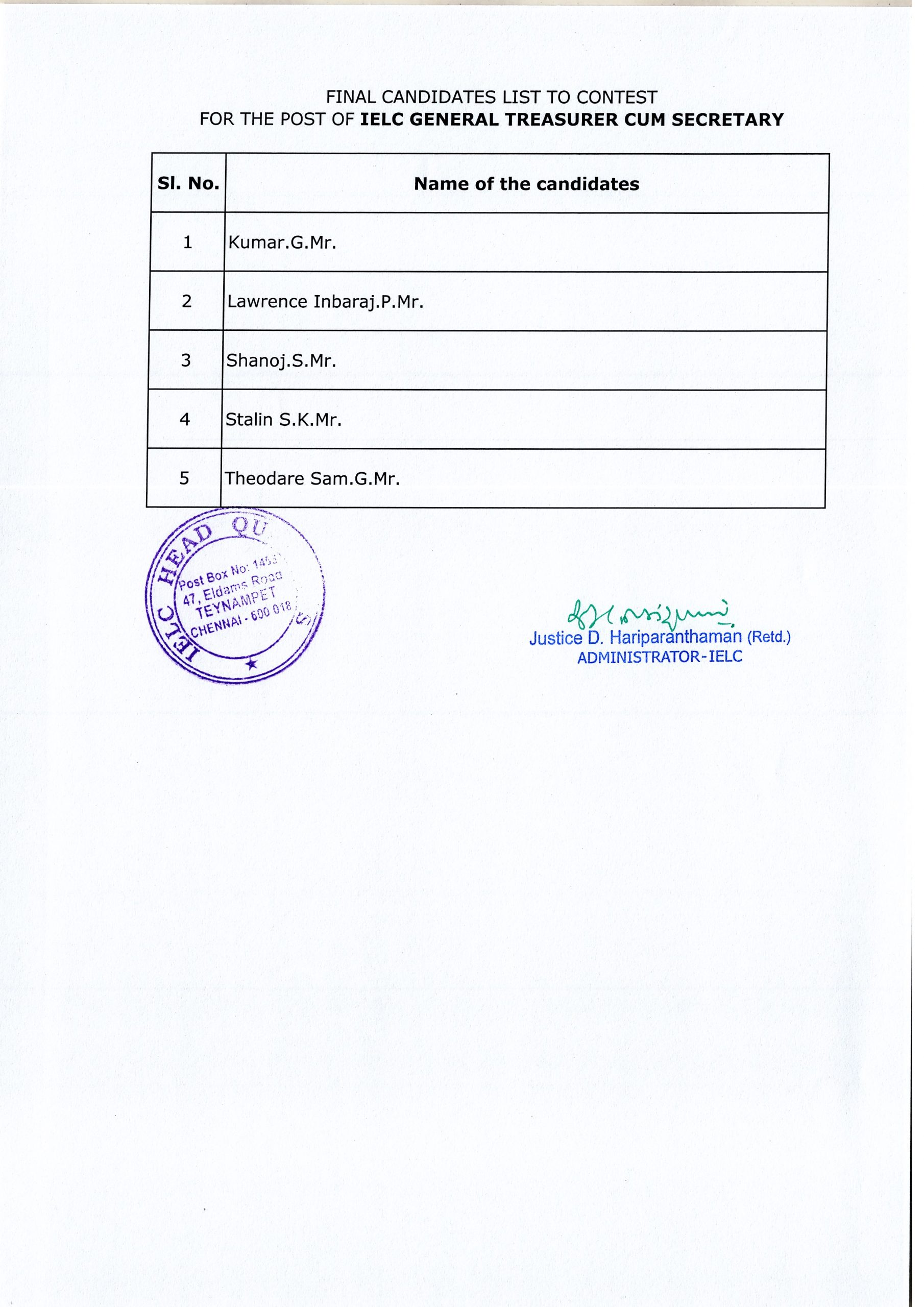 FINAL LIST OF CANDIDATES FOR IELC OFFICE BEARERS – IELC Online