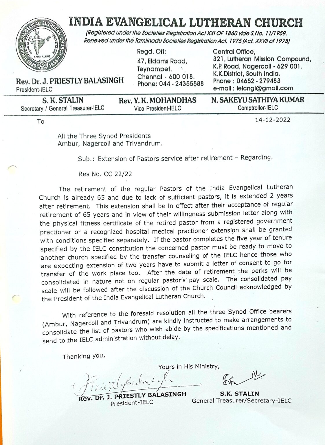 Extension of pastor’s service after retirement-Notice – IELC Online